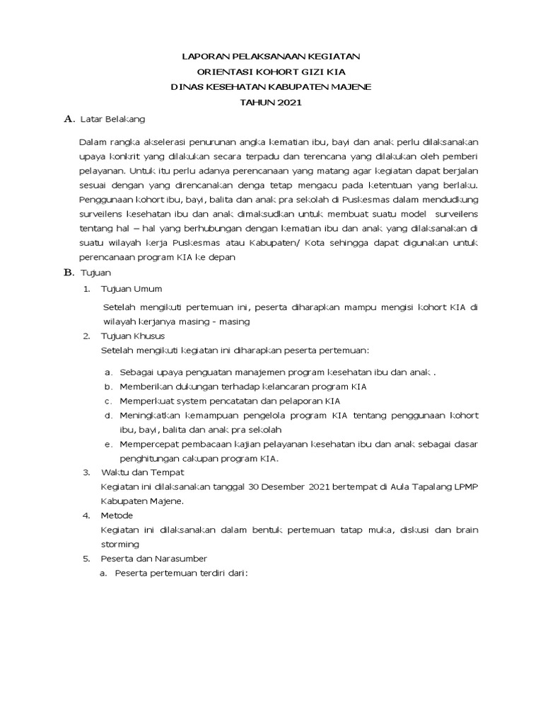 Laporan Kegiatan Orientasi Kohort Gizi KIA | PDF