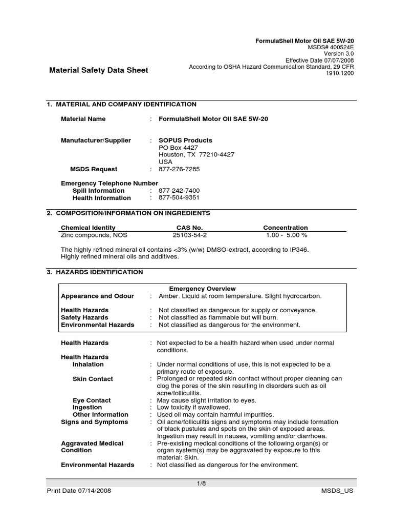 FormulaShell Motor Oil 5W-20 MSDS | PDF | Personal Protective Equipment ...