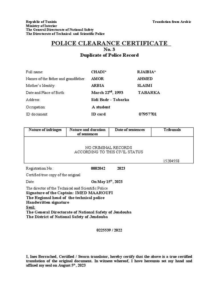 Police Clearance Certificate: No. 3 Duplicate of Police Record | PDF