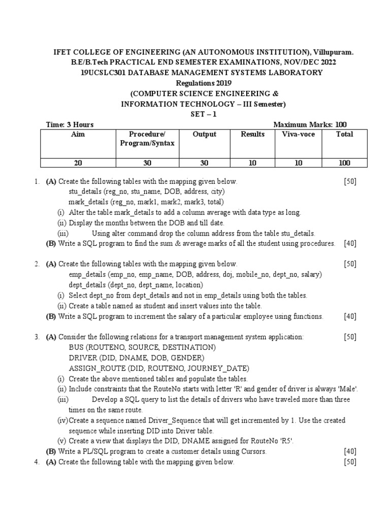 DBMS Lab Question Paper 1 | PDF | Data | Data Management