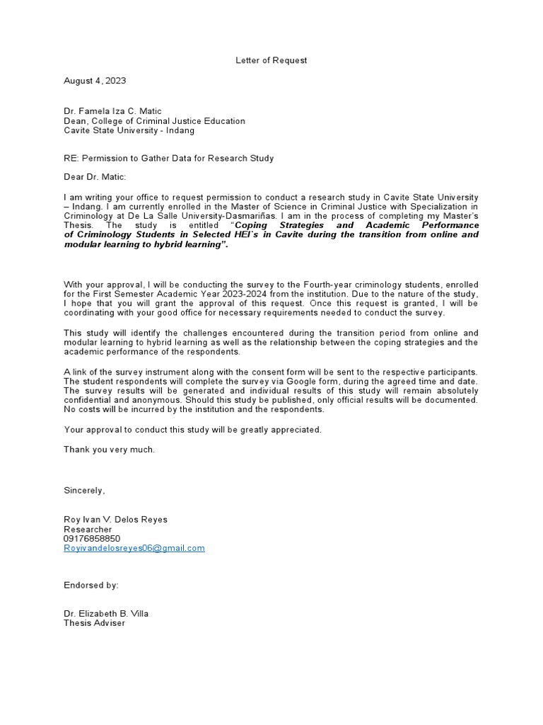 Thesis Permission Letter CVSU Indang | PDF
