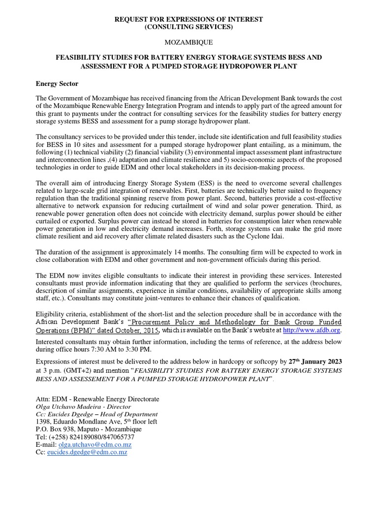 Request For Expression of Interest Eoi Feasibily Studies For Battery Energy Storage Systems ...