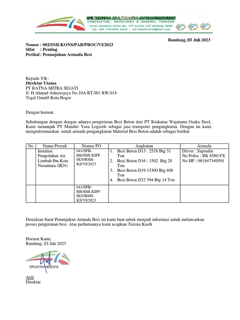 Surat Penunjukan Loading Besi | PDF