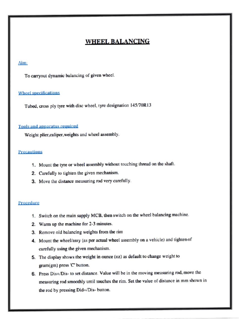 VT lab Wheel Balancing exp 1 | PDF | Calibration | Wheel