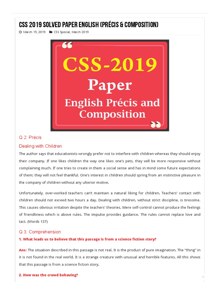 CSS 2019 Solved Paper English (Précis & Composition) – Jahangir's World Times | PDF