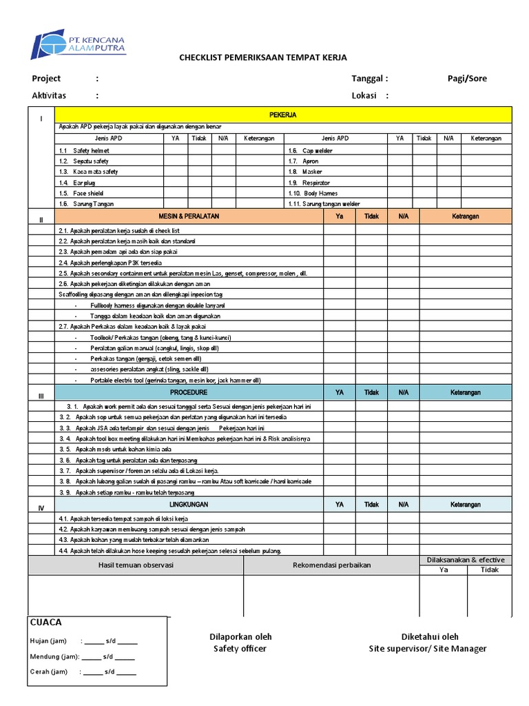 Checklist Inspeksi K3 Tempat Kerja | PDF
