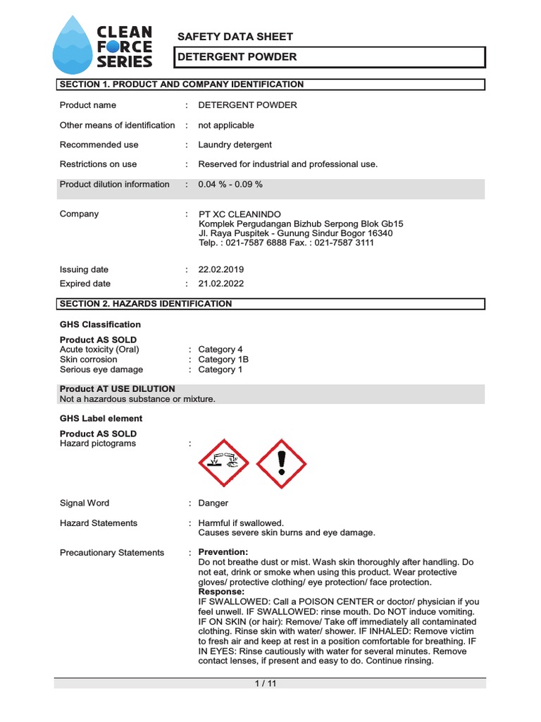 CF Detergent Powder MSDS | PDF | Personal Protective Equipment | Toxicity