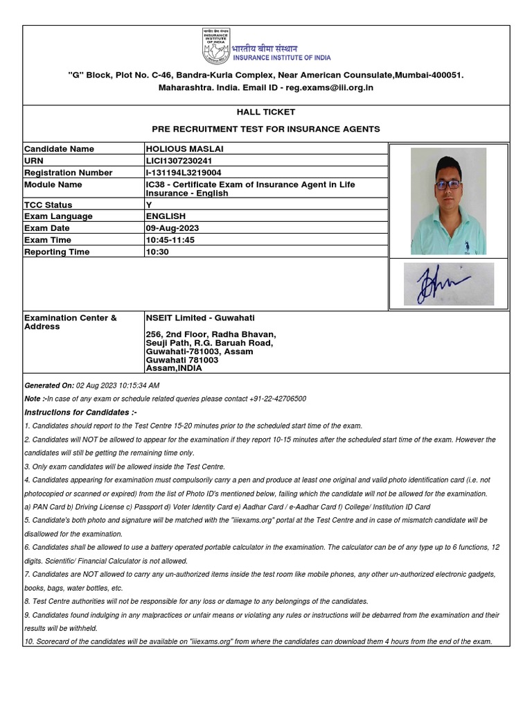 IC38 Exam Hall Ticket Instructions | PDF