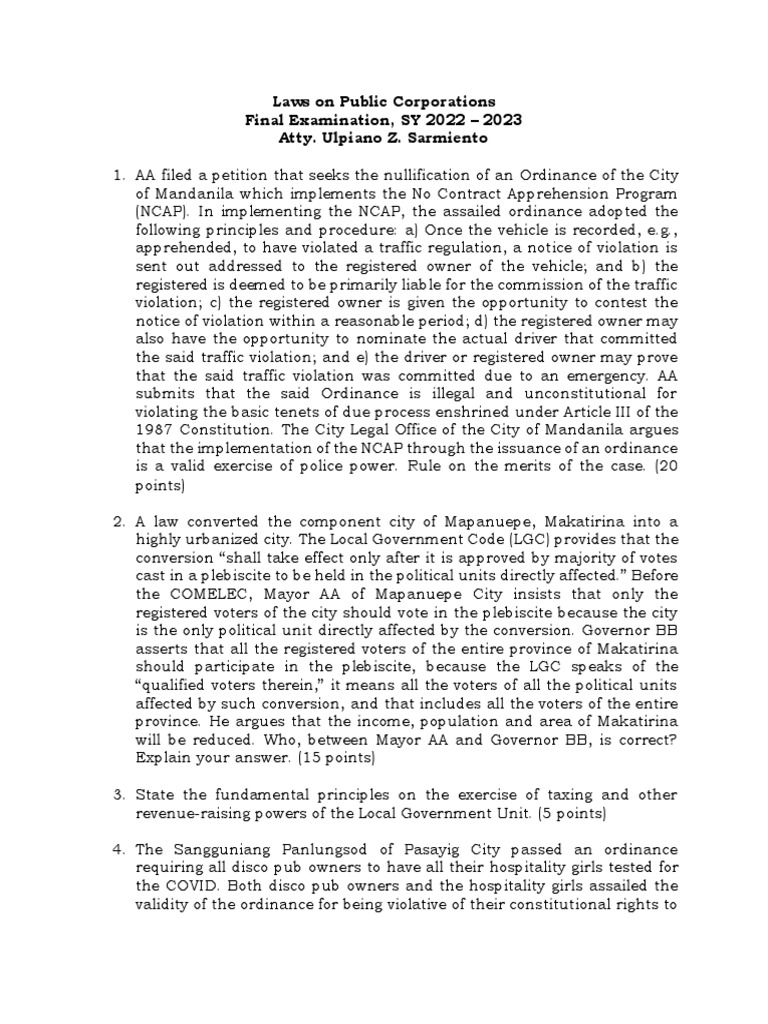 PubCorp Final Examination Sarmiento Ulpiano Z. | PDF | Eminent Domain | Common Law