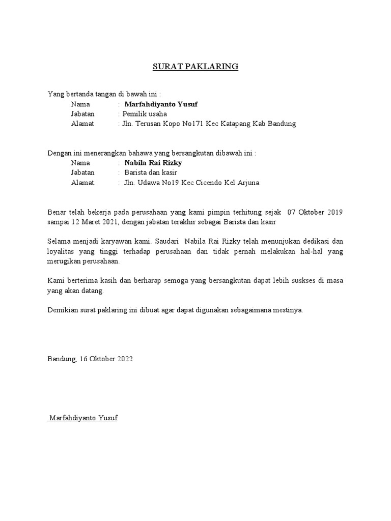 Surat Paklaring 1 | PDF | Karier & Perkembangan