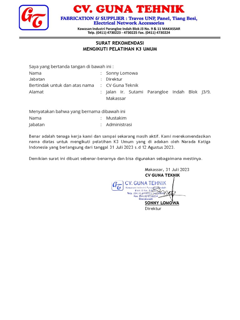 Surat Recom K3 | PDF