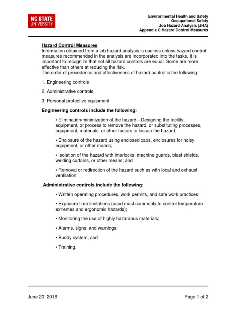 JHA - Appendix C Hazard Control Measures | PDF | Personal Protective ...