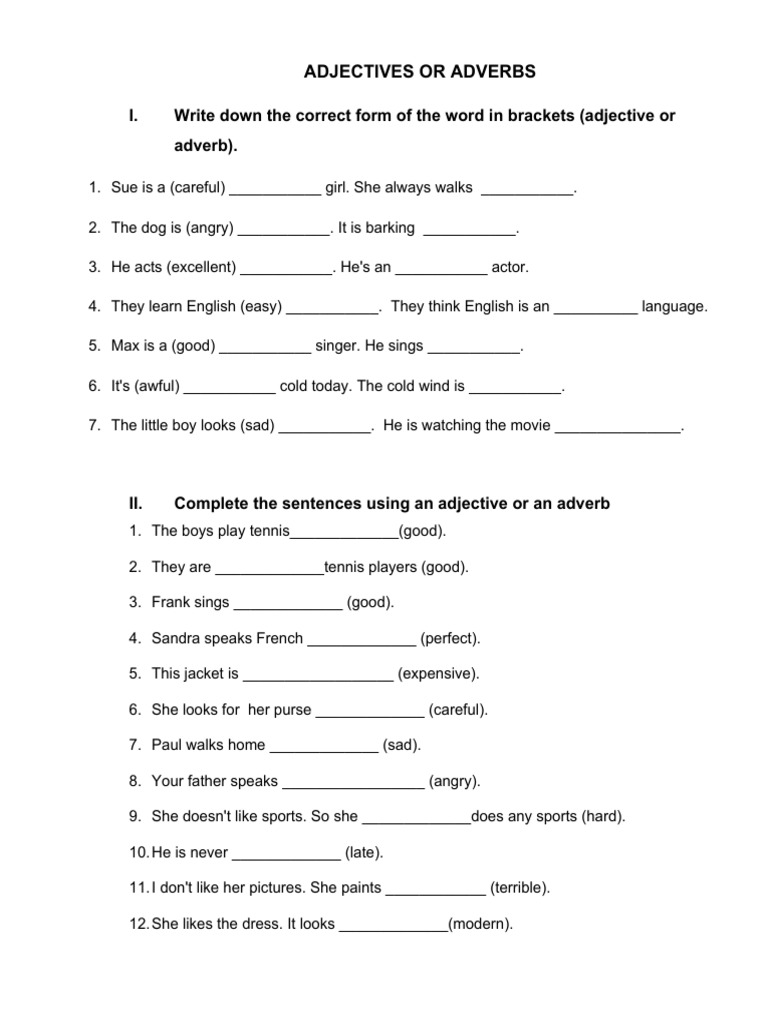 Adjectives and Adverbs Exercise Guide | PDF