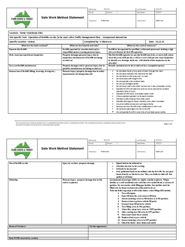 SWMS Forklift CNG | PDF | Forklift | Manufactured Goods