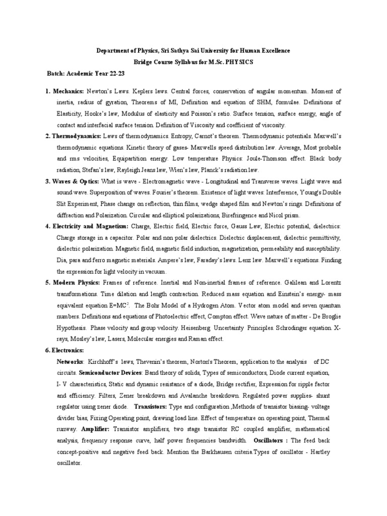 Physics Bridge Course Syllabus | PDF | Waves | Electronic Oscillator