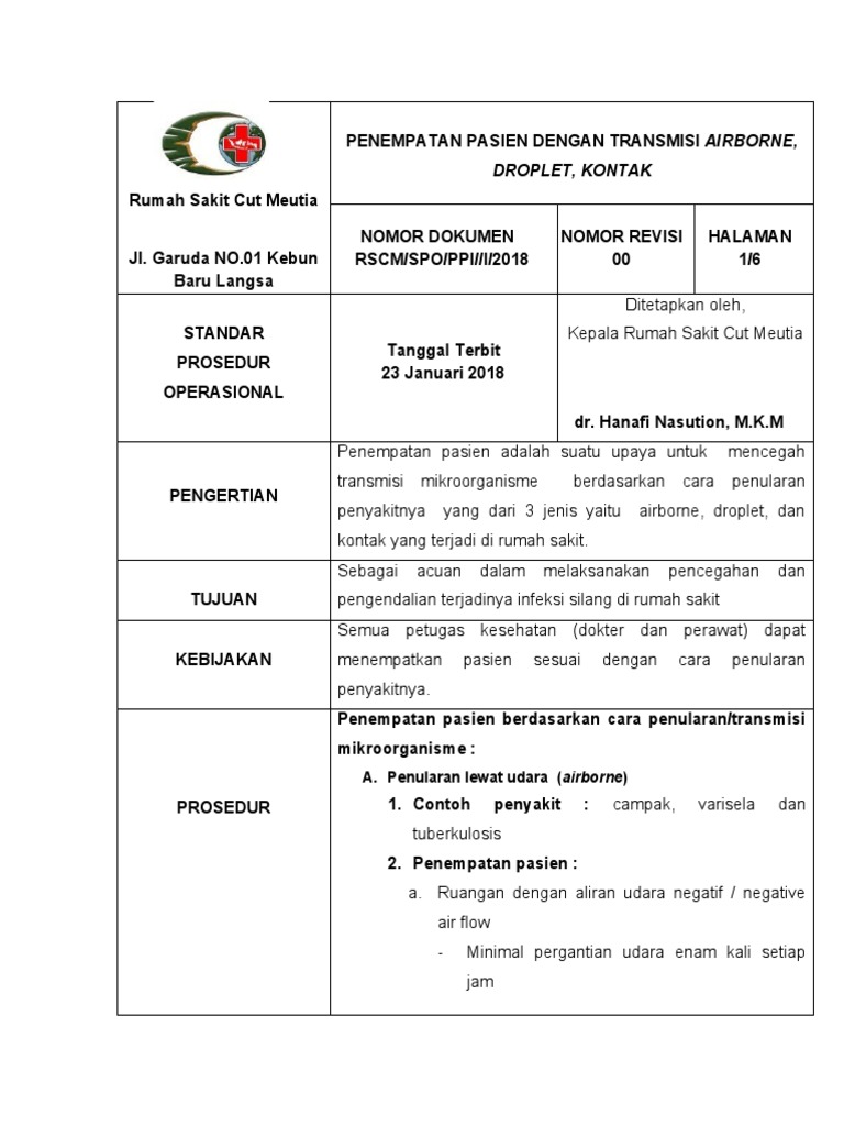 Spo Penempatan Pasien Airborne, Kontak, Droplet | PDF