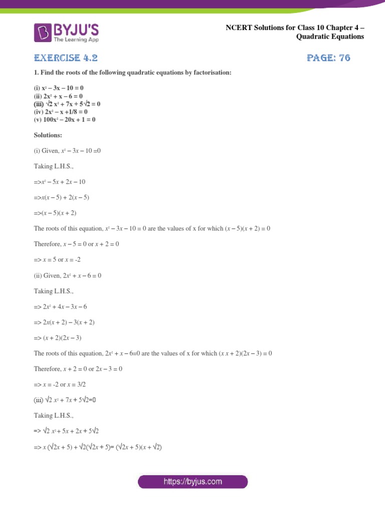 Class 10 Maths: Quadratic Equations Ex 4.2 | PDF | Equations | Number ...