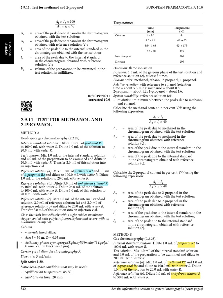 EP Test For Methanol and 2-Propanol | PDF | Chromatography | Physical ...