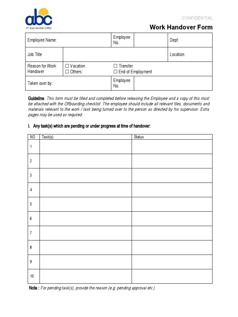 Work Handover Form | Download Free PDF | Employment | Business