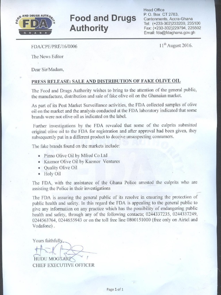 Fake Olive Oil (FDA Report) | PDF