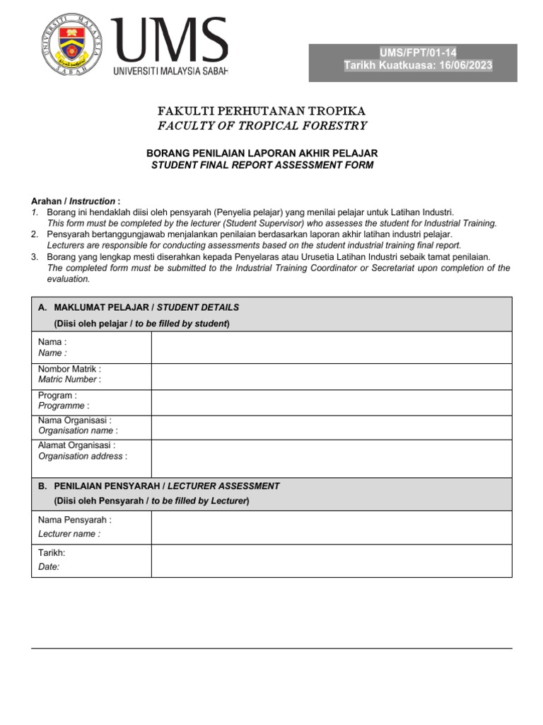 Jun 2023 - Borang Penilaian Laporan Akhir Pelajar LI01-14 | PDF