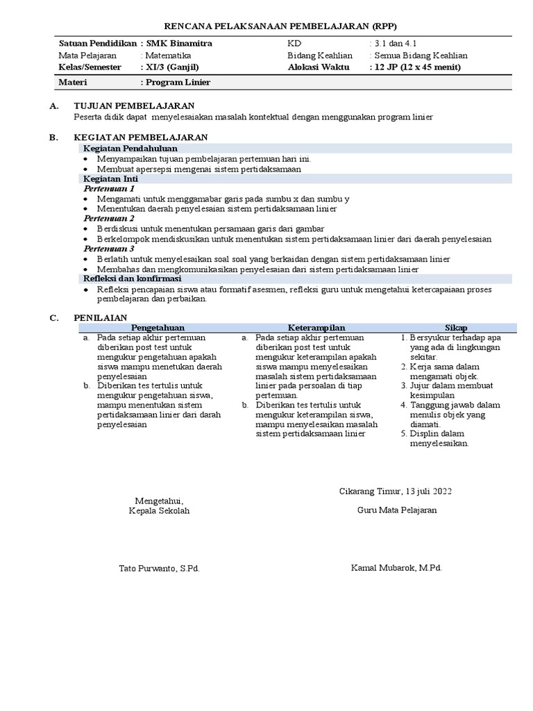 Contoh RPP 1 Lebar K13 | PDF | Karier & Perkembangan