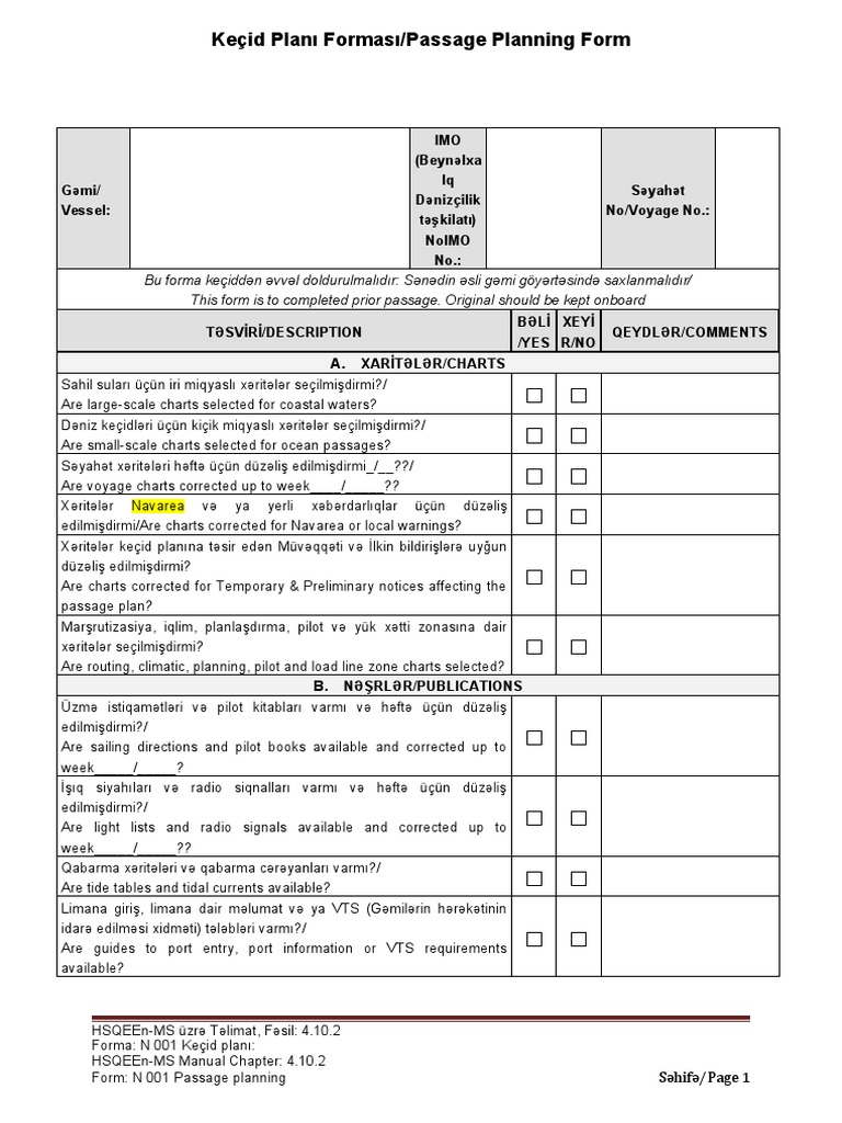 00 Form N 001 KEÇİD PLANI Passage Planning | PDF