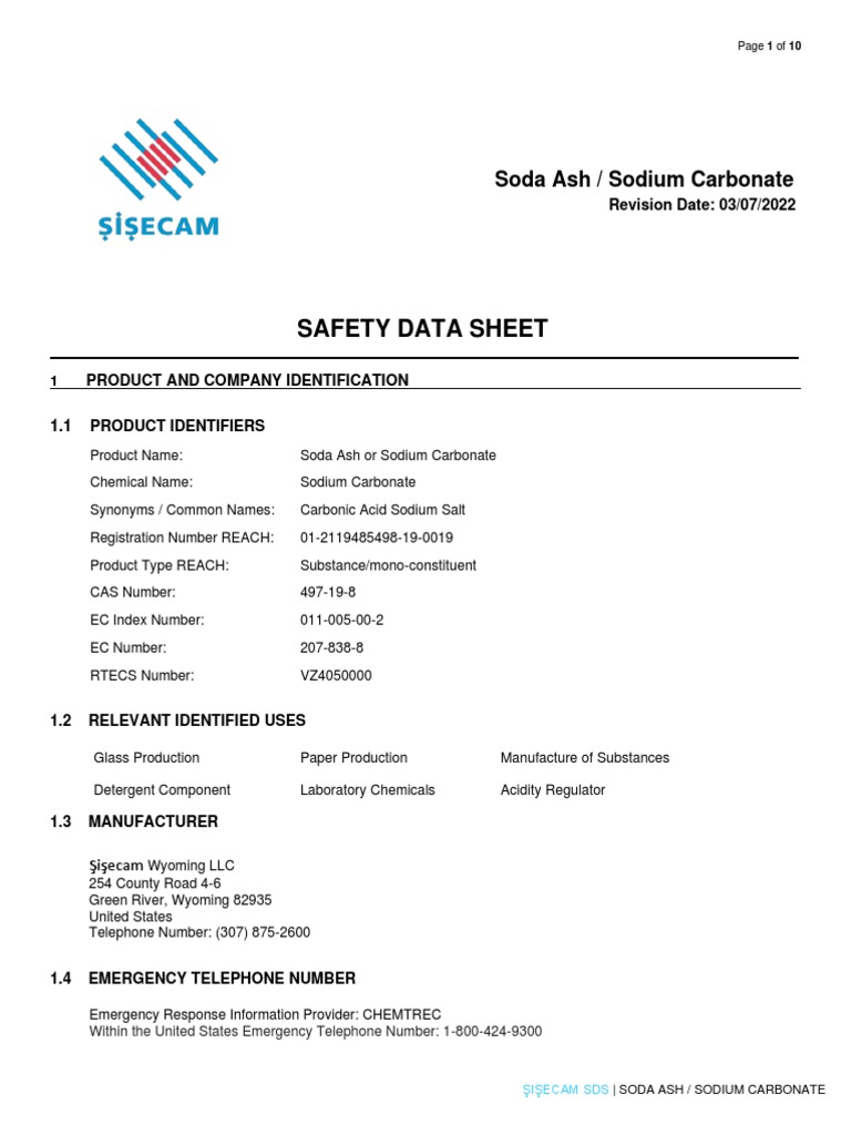 Sisecam Soda Ash SDS 3-7-22 | PDF | Firefighting | Materials