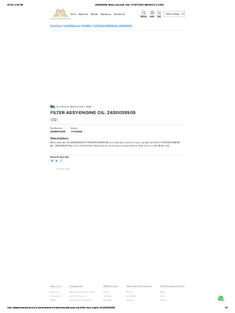 2630035505: Mobis Hyundai FILTER ASSY-ENGINE OIL Online | PDF | Vehicle ...