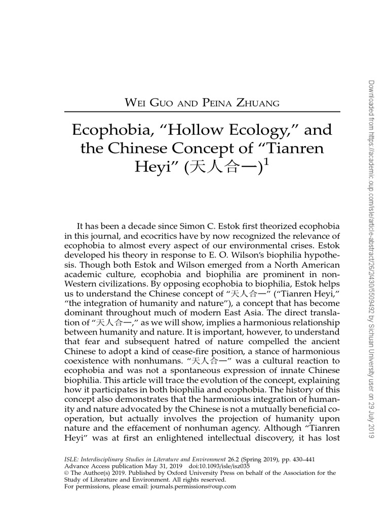 Ecophobia, "Hollow Ecology," and the Chinese Concept of "Tianren Heyi" (天人合一) | PDF | China ...