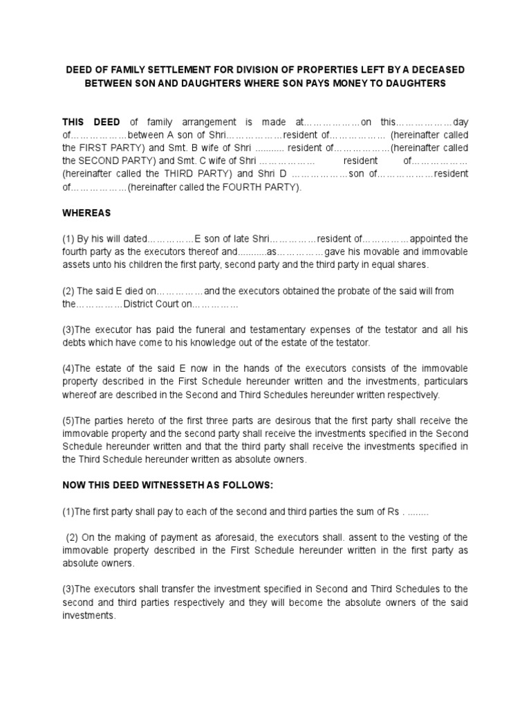 Deed of Family Settlement For Division of Properties Left by A Deceased ...