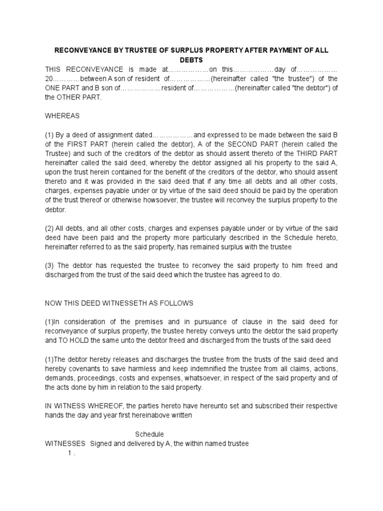 Reconveyance by Trustee of Surplus Property After Payment of All Debts ...