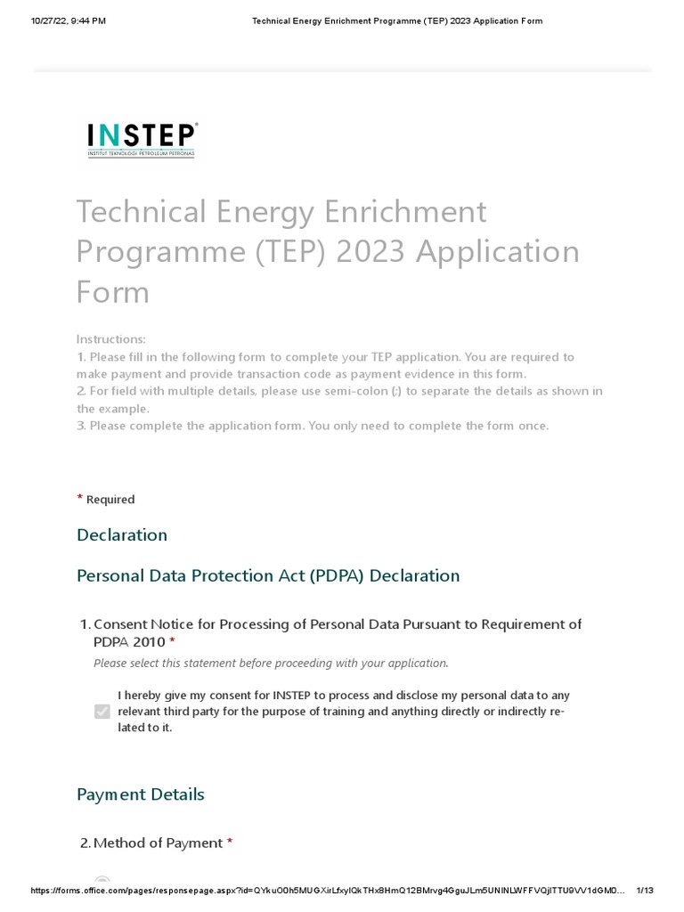 Technical Energy Enrichment Programme (TEP) 2023 Application Form | PDF