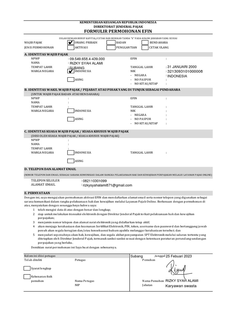 Form Permohonan EFIN | PDF