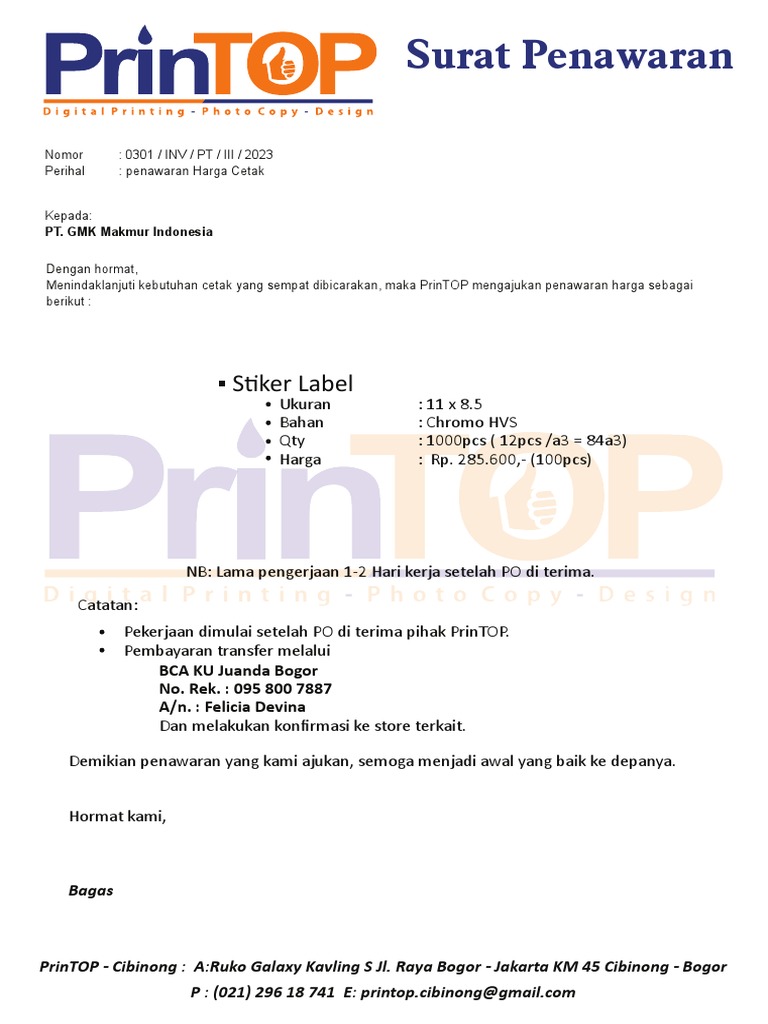 Surat Penawaran Stiker Label | PDF