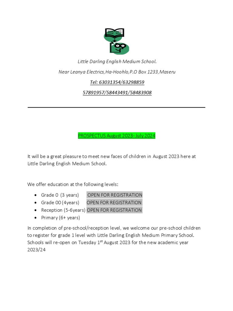 Little Darling English Medium PROSPECTUS AUG 2023-JULY 2024 | PDF ...