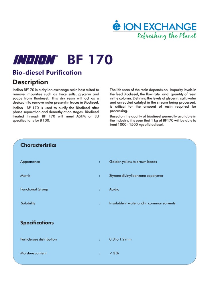 Biodiesel Purification with Indion BF170 | PDF | Solubility | Biodiesel