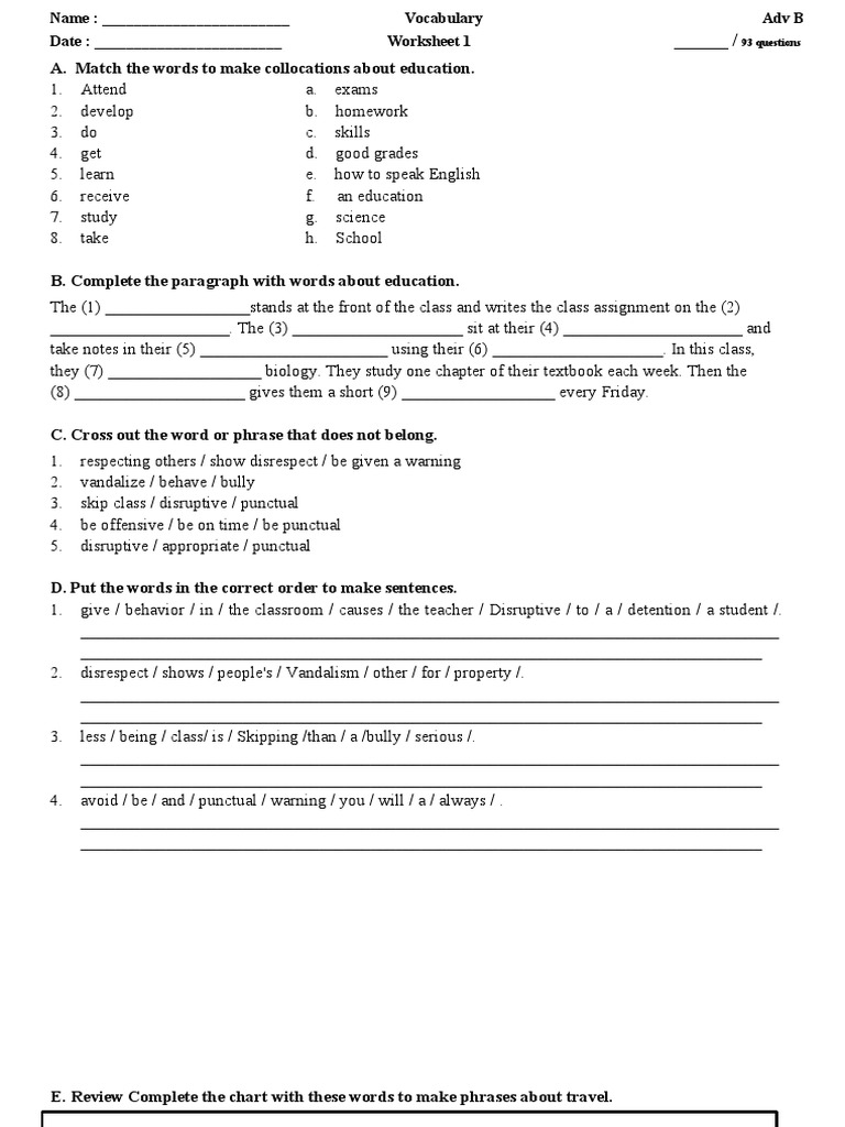 Adv B Vocab Worksheet 1 | PDF | Commuting | Transport