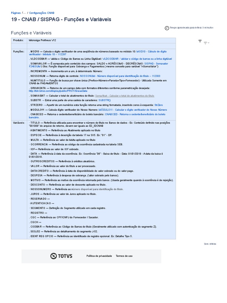 CNAB - SISPAG - Funções e Variáveis - Linha Microsiga Protheus - TDN ...