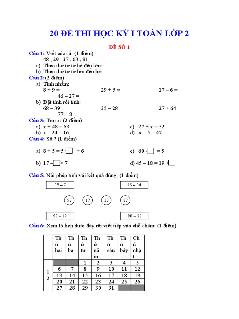 20 ĐỀ THI TOÁN CK1 LỚP 2 | PDF