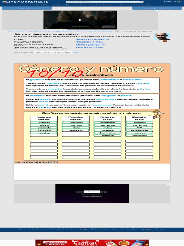 Ejercicio de Género y Número de Los Sustantivos | PDF