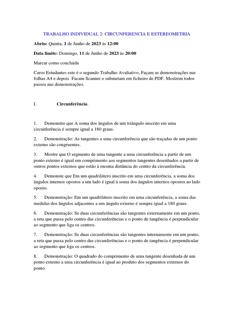 Trabalho II Sobre Circunferencia e Estereometria | PDF | Círculo ...