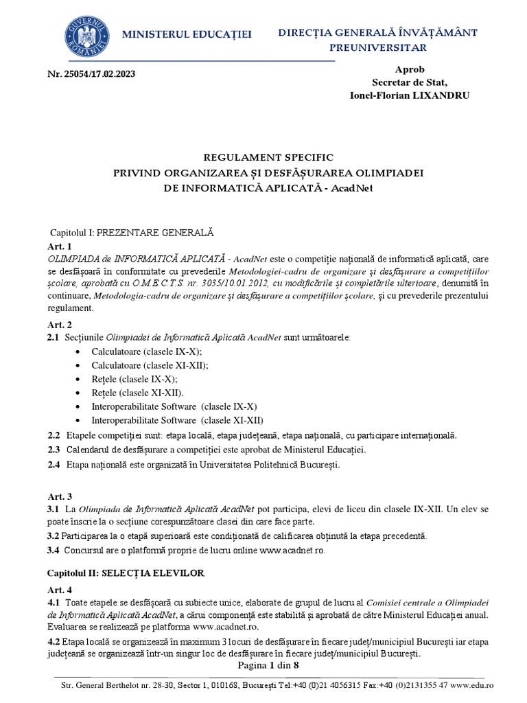 Regulament Specific Olimpiada Informatica Aplicata AcadNet 2023 | PDF