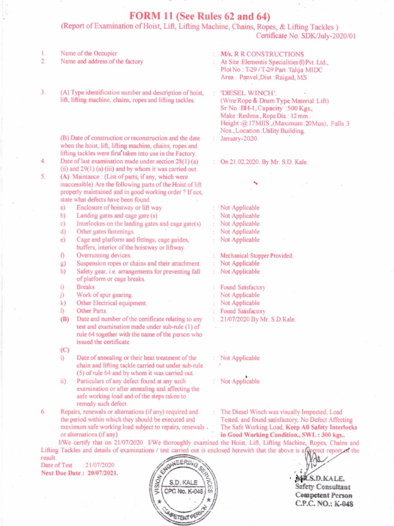 Winch Machine Test Certificate Mansoon | PDF