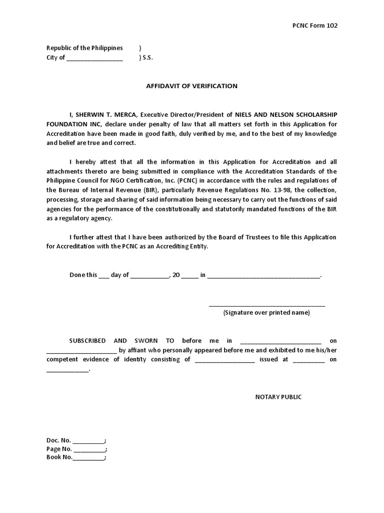Form 102 Affidavit of Verification.. | PDF