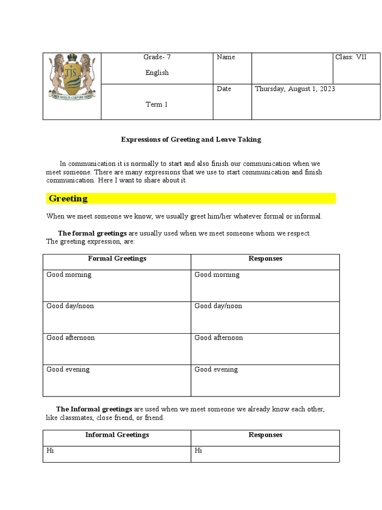 Greeting and Leave Taking Grade 7 | PDF | Self-Improvement