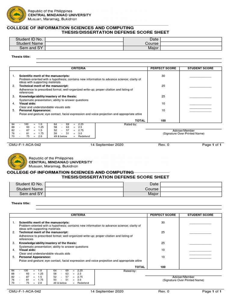 CMU-F-1-ACA-042-THESIS-DEFENSE-SCORE-SHEET | PDF | Thesis | Science