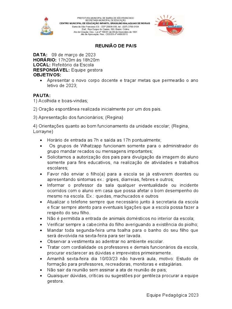 2 Pauta Da Reunião de Pais | PDF | Escolas