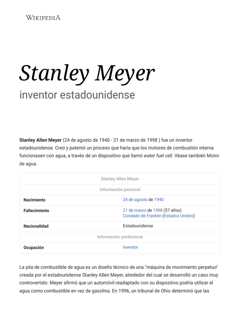 Stanley Meyer - Wikipedia, La Enciclopedia Libre | PDF | Ciencias fisicas | Naturaleza