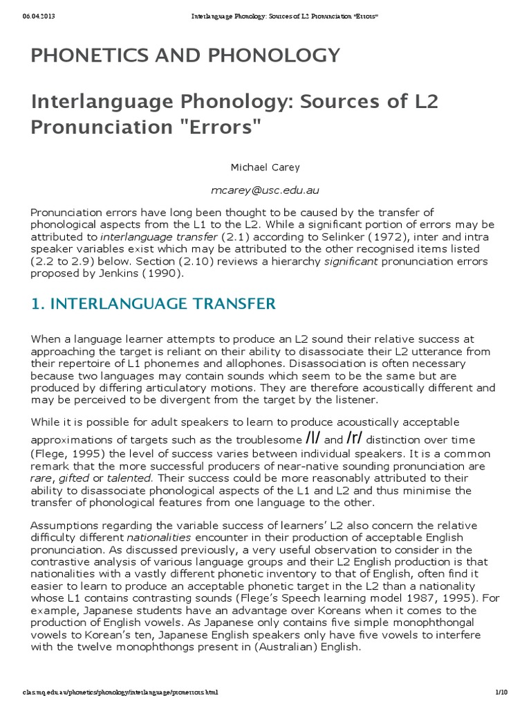 Interlanguage Phonology - Sources of L2 Pronunciation - Errors | PDF